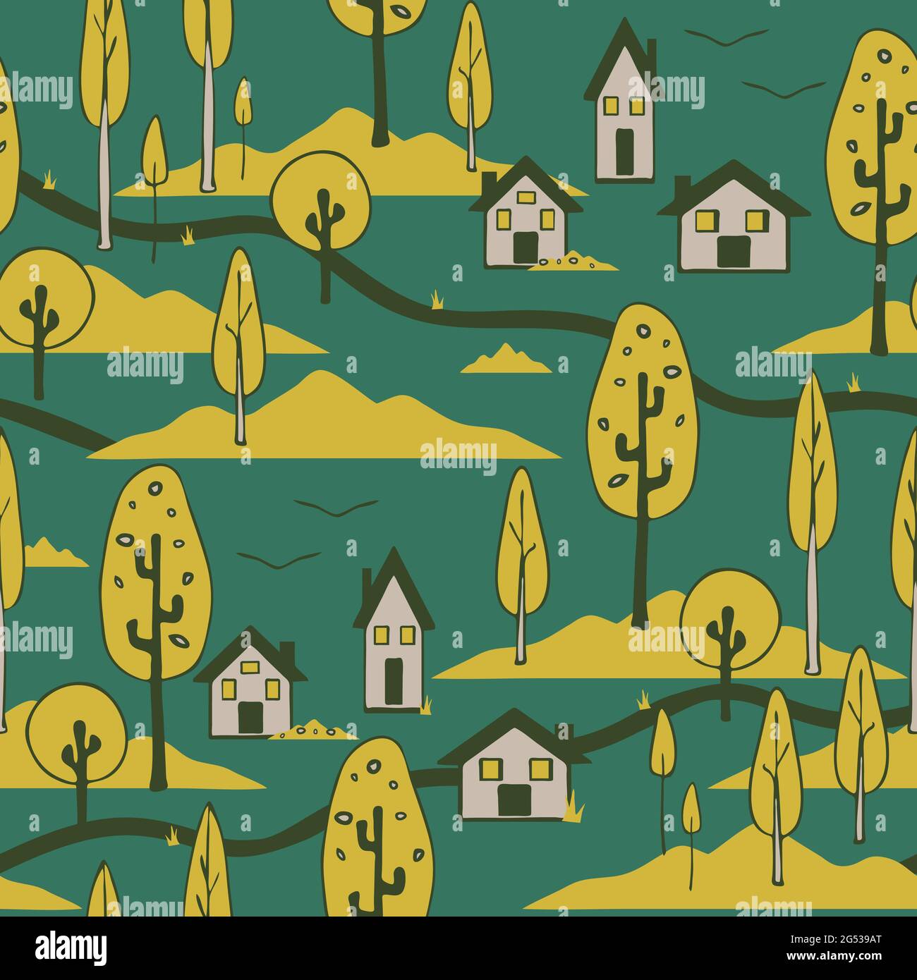 Seamless vector pattern with country home on green background. Rural ...
