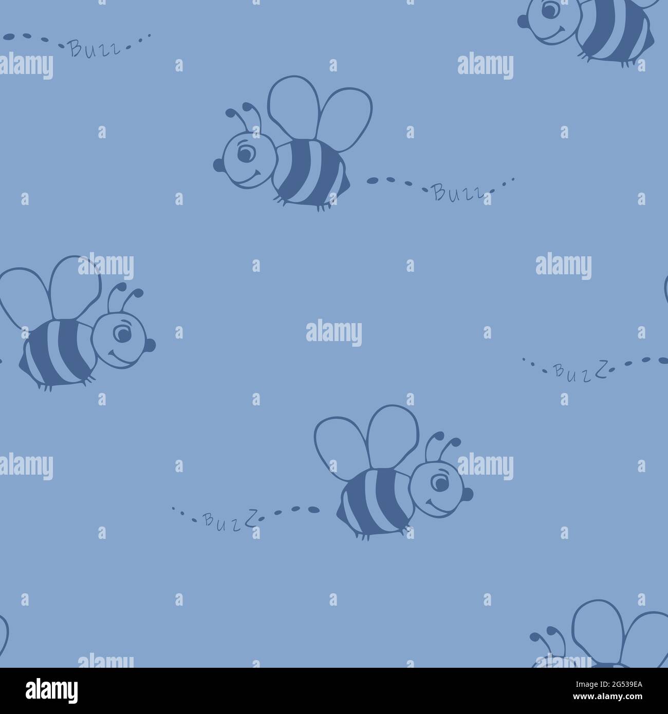 Seamless vector pattern with simple cartoon bumblebee on blue ...
