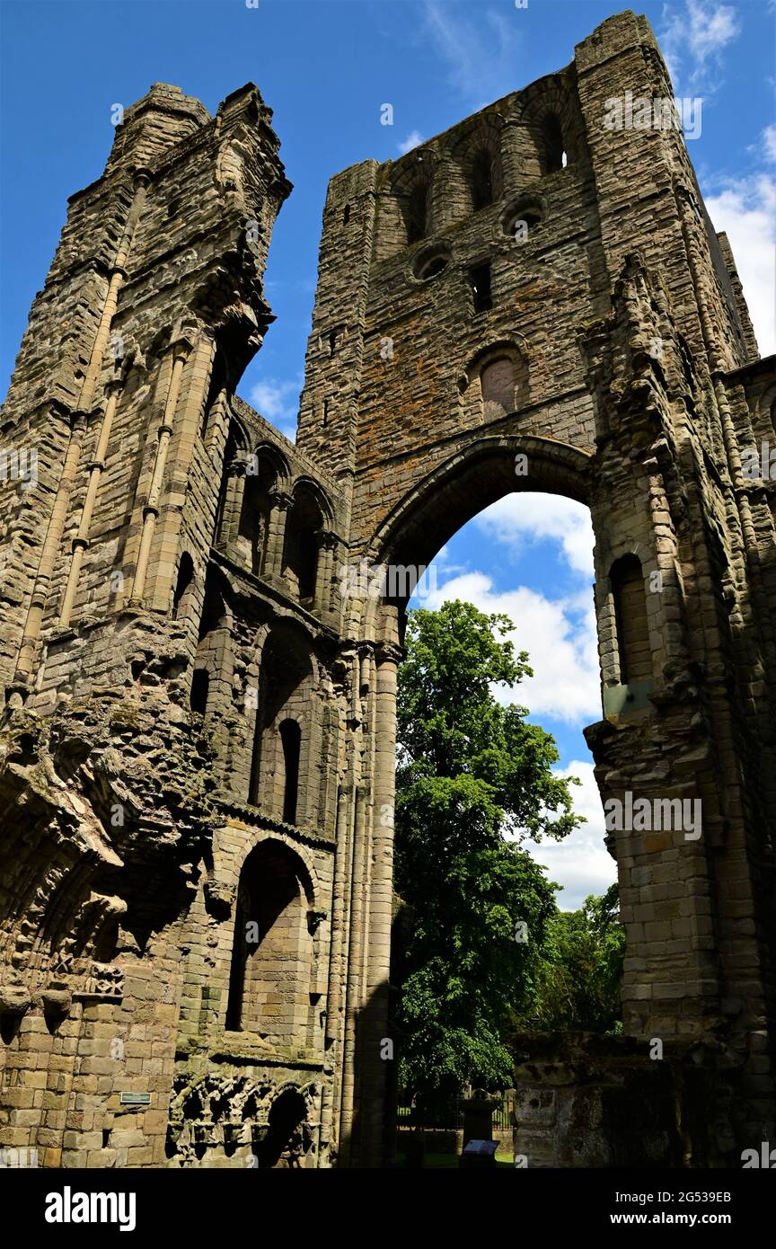 A view of the ruins of the medieval abbey complex at Kelso in the ...