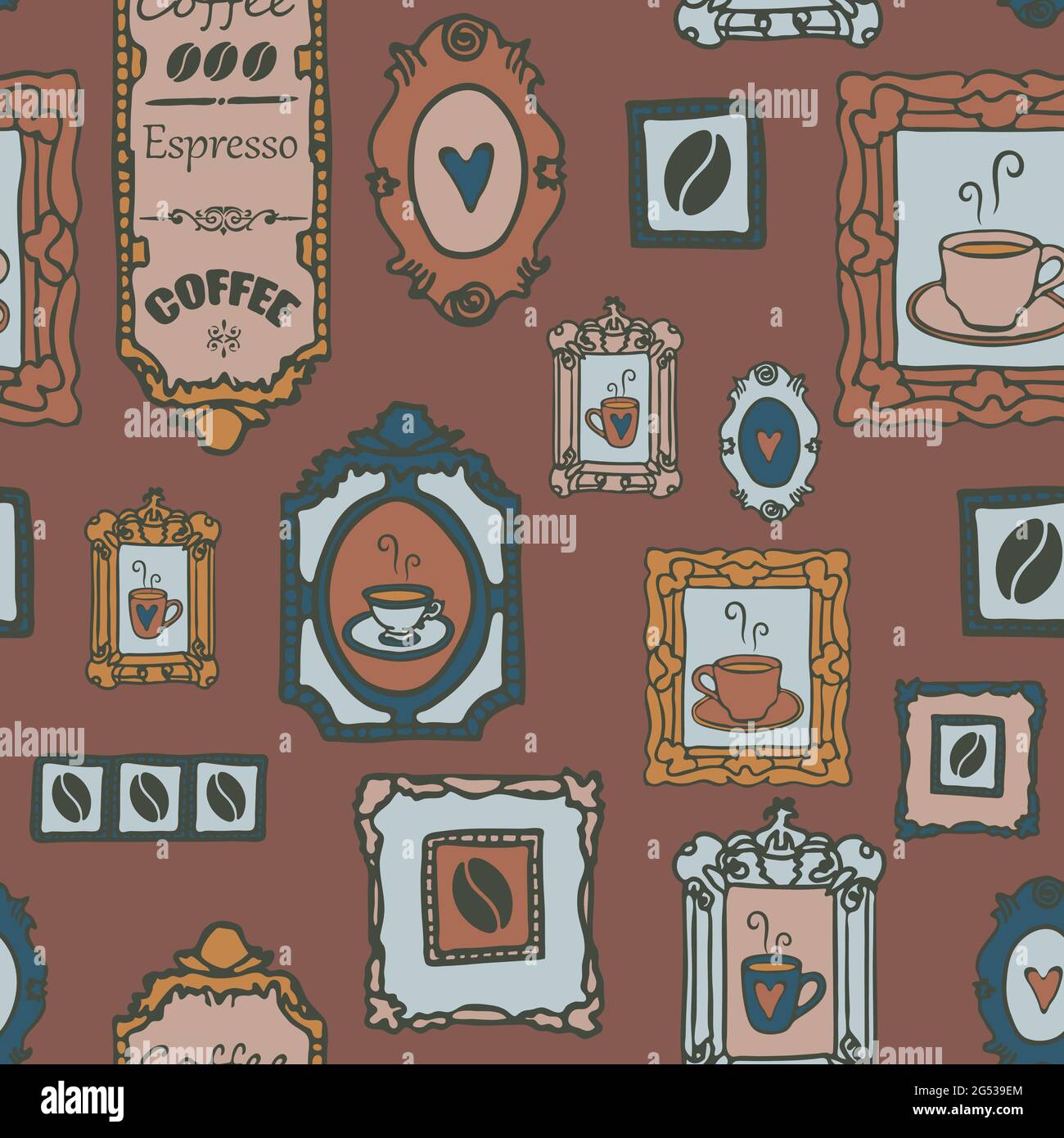 Seamless vector pattern with coffee pictures on wall. Brown background ...
