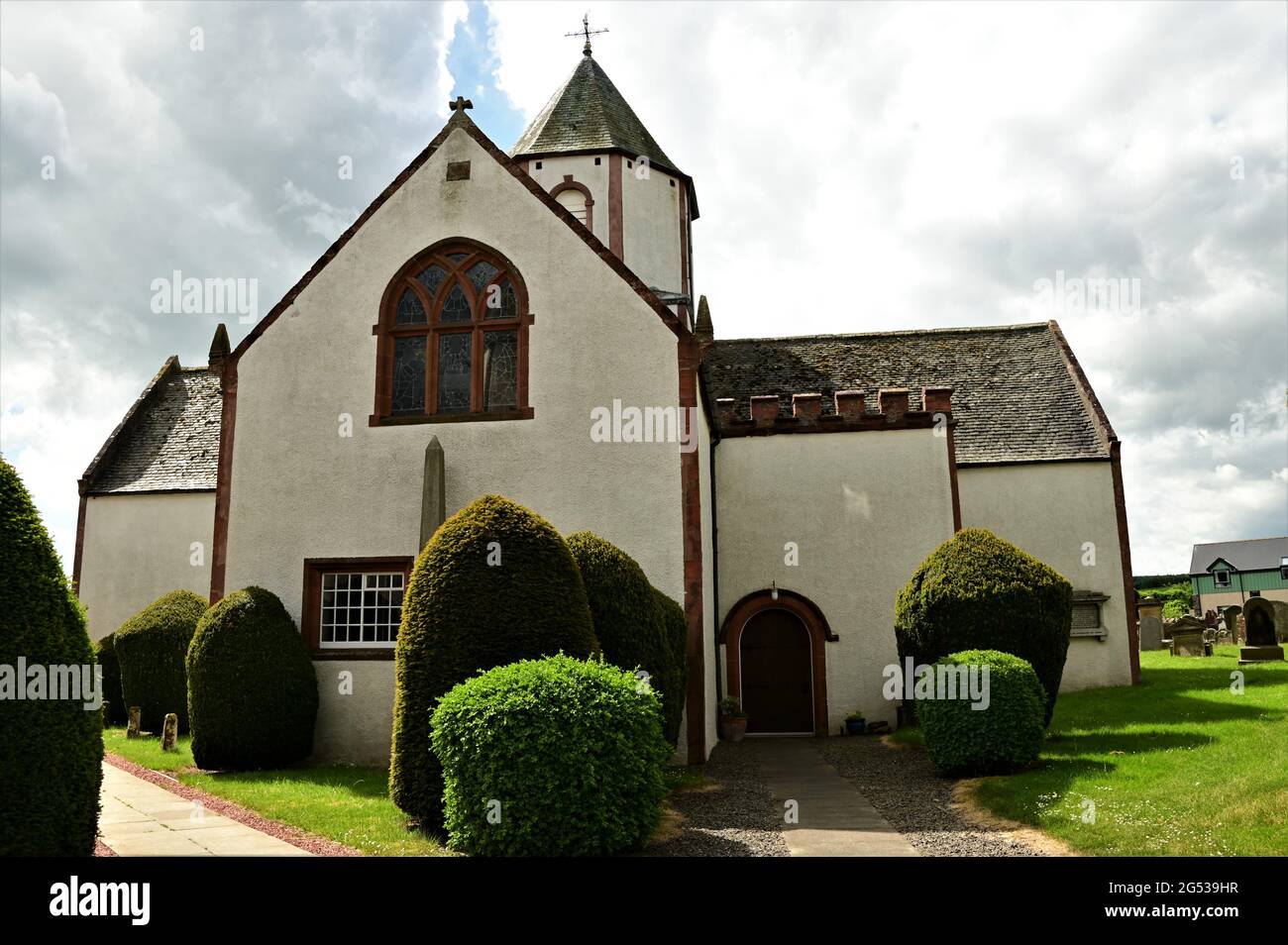 An exterior view of the architecture of a church building in the ...