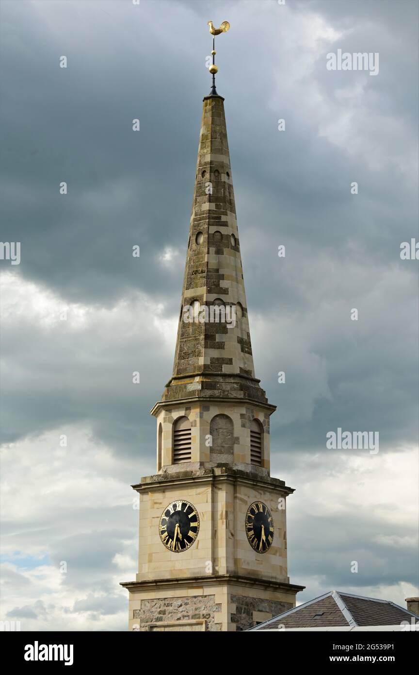 An exterior view of an old stone clock tower building in the Scottish ...
