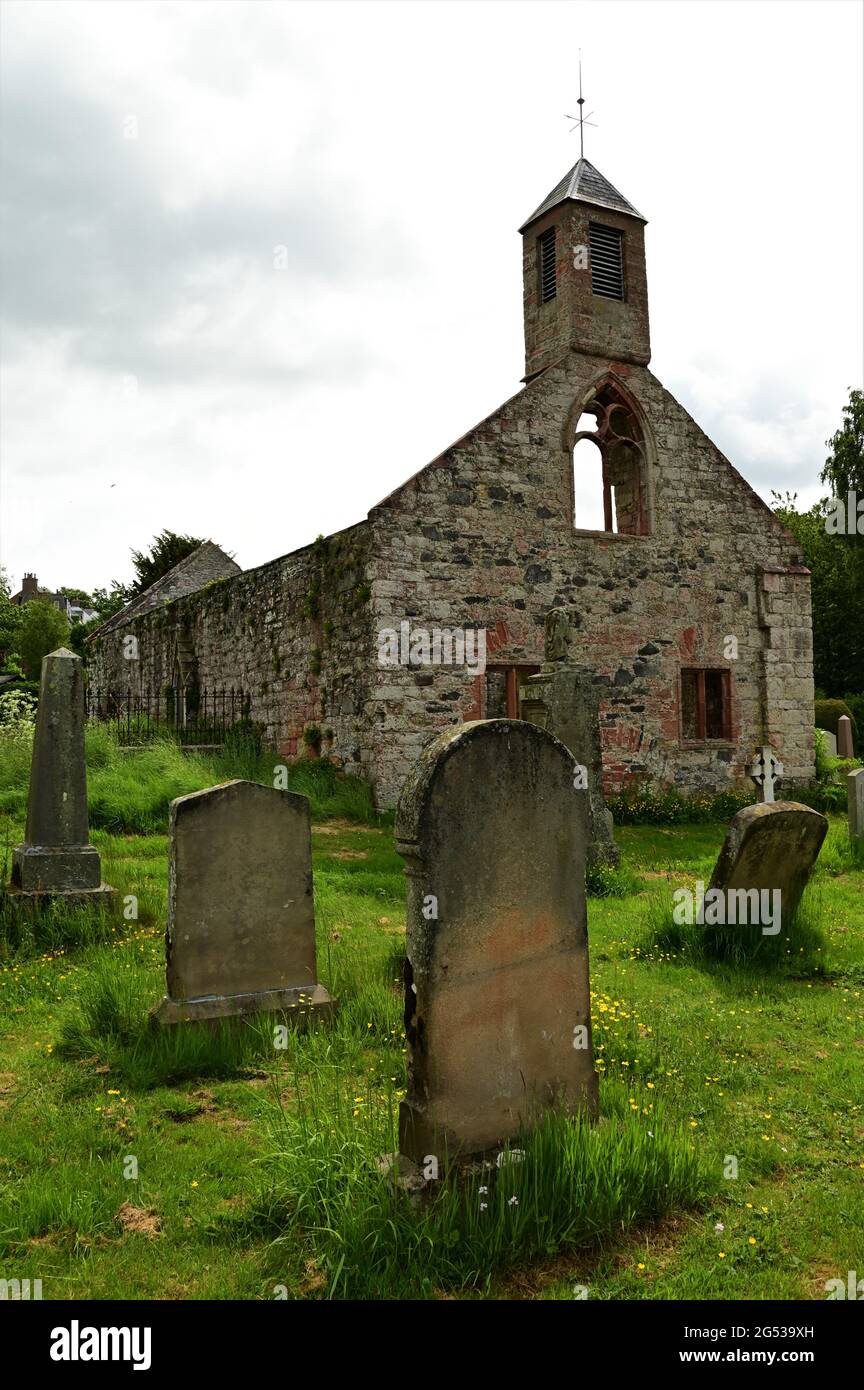 A view of the remains of an old church building in the Borders village ...