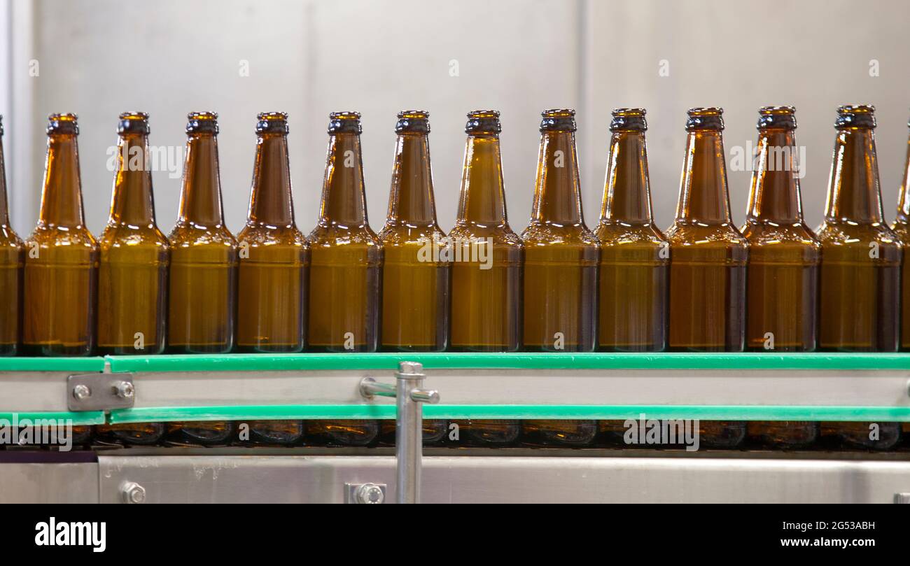 Beer bottling plant with moving belts, rows of bottles, automated ...