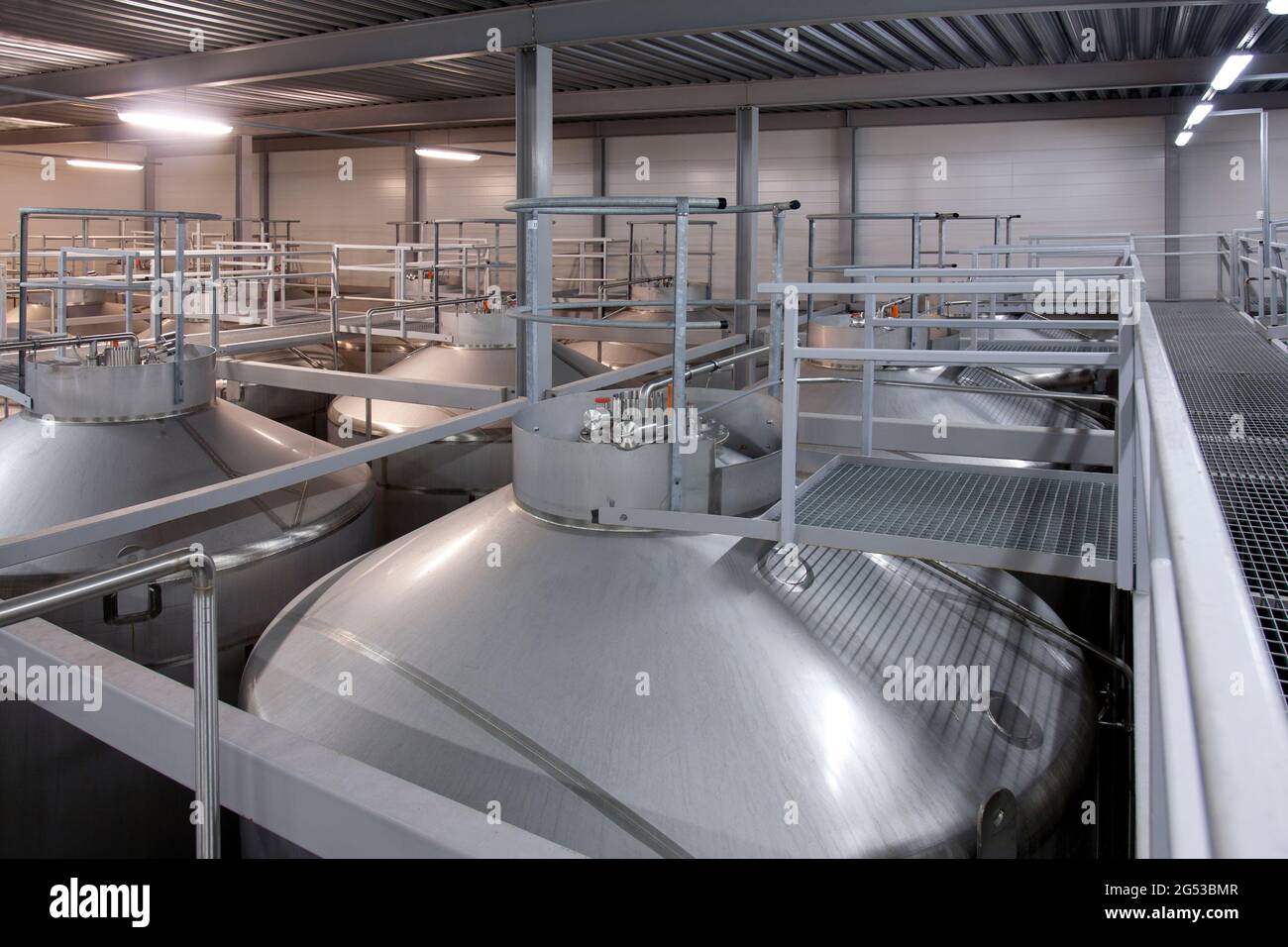 Interior of brewery, large steel storage tanks for brewing beer Stock ...
