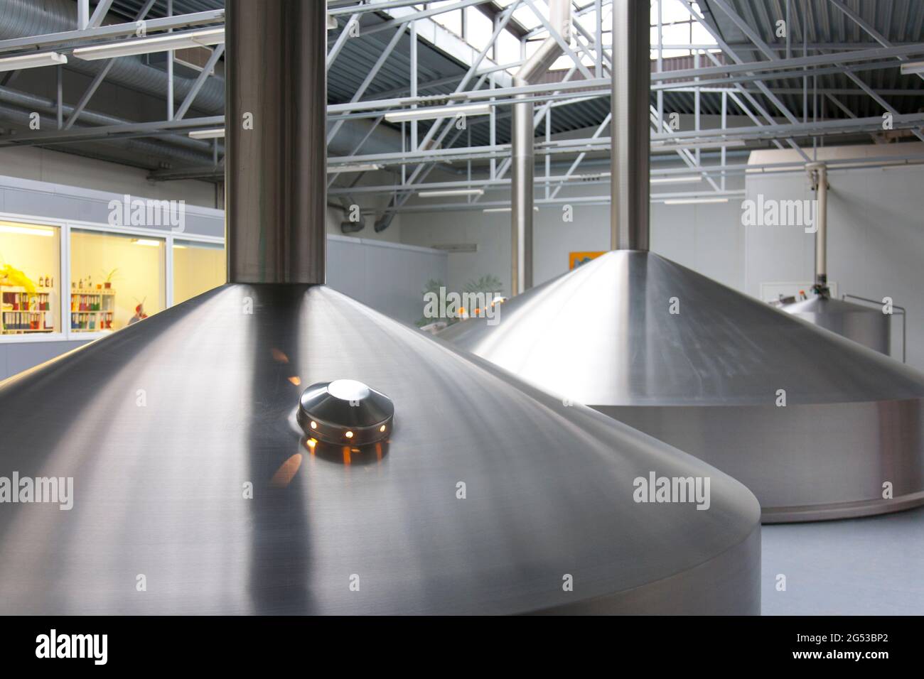 Interior of brewery, large steel storage tanks for brewing beer Stock ...