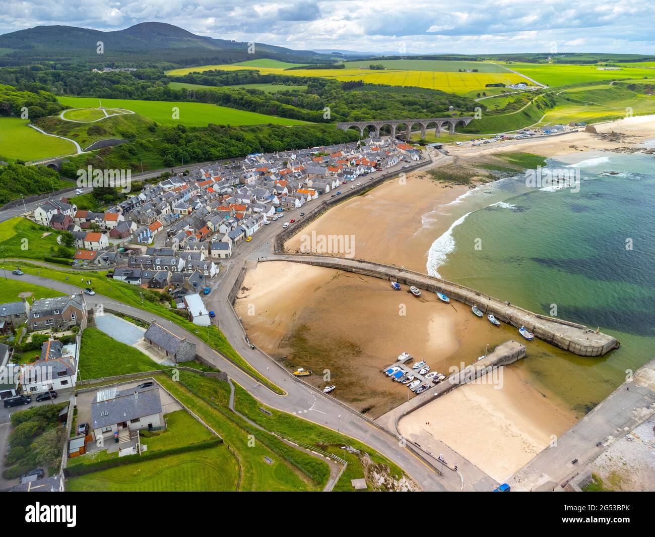 Aerial view from drone of Cullen on Moray Firth coast in Moray ...