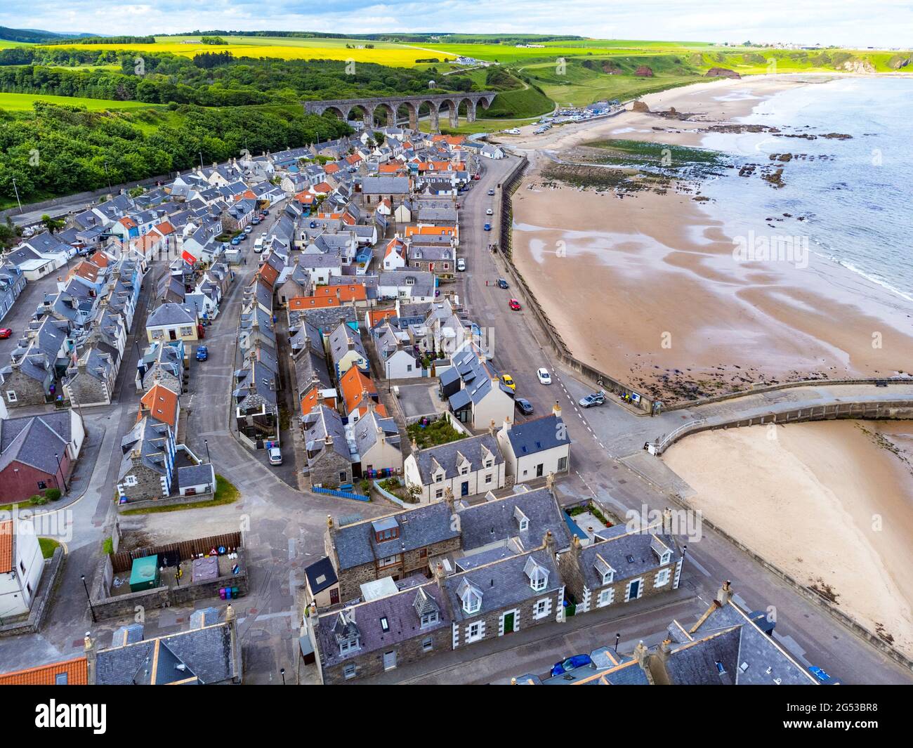 Aerial view from drone of Cullen on Moray Firth coast in Moray ...