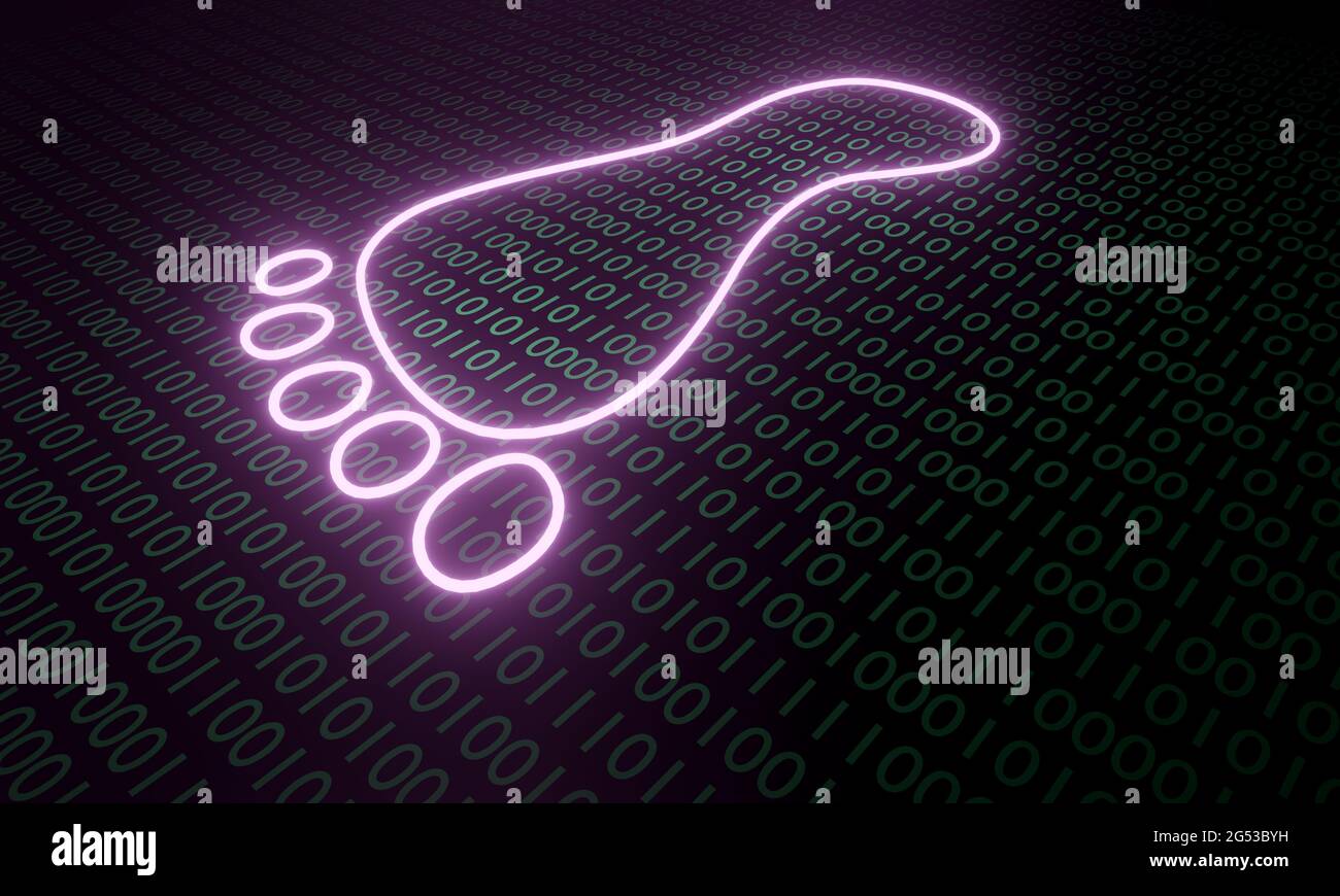 An illustration of a digital footprint with binary numbers on the background (3D rendering Stock ...