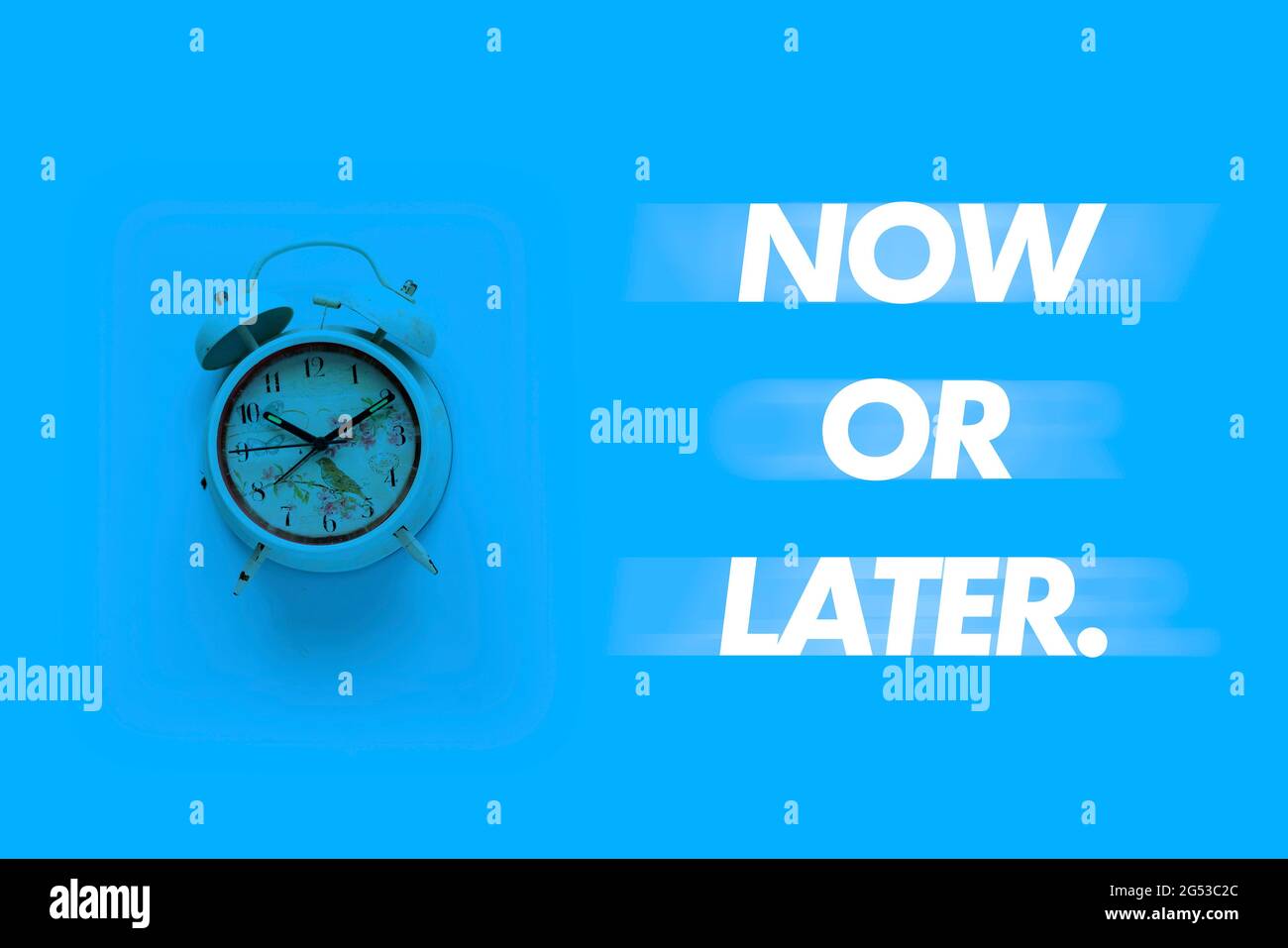 simple retro alarm clock on color background with words now and later ...