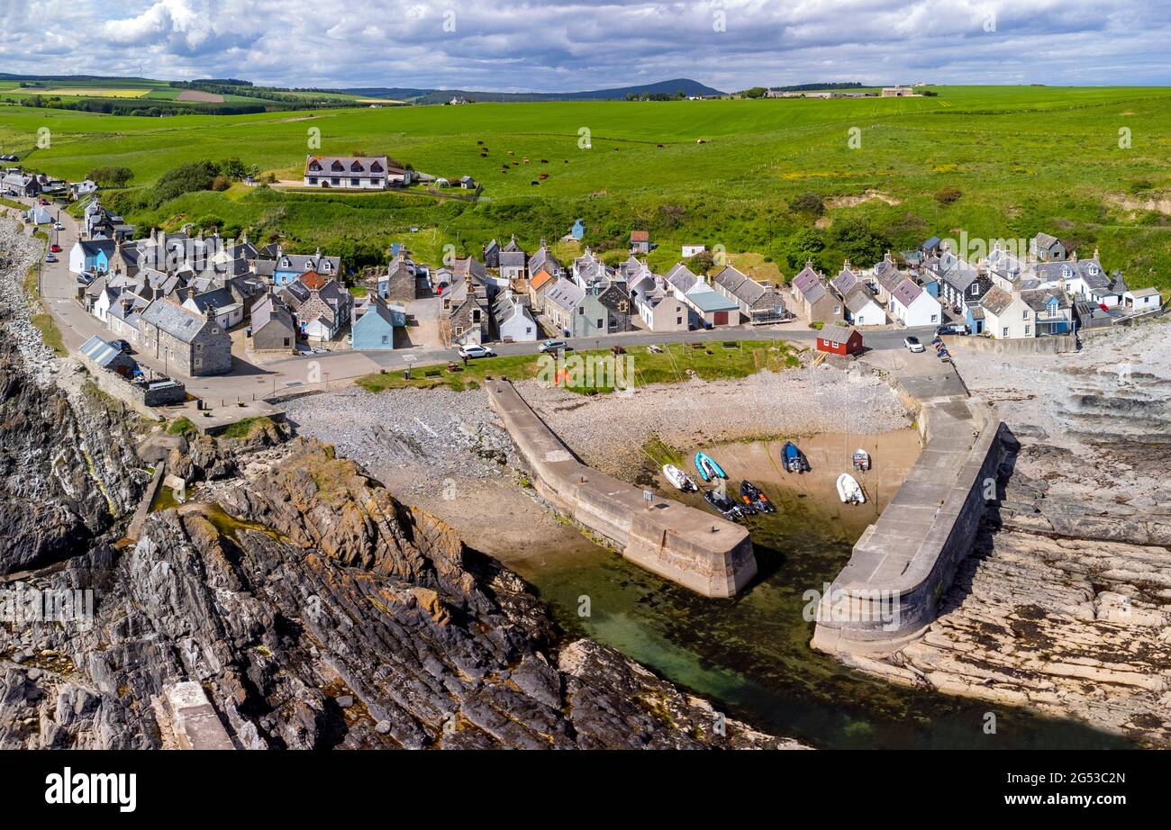 Aerial view from drone of village of Sandend on Moray Firth in ...