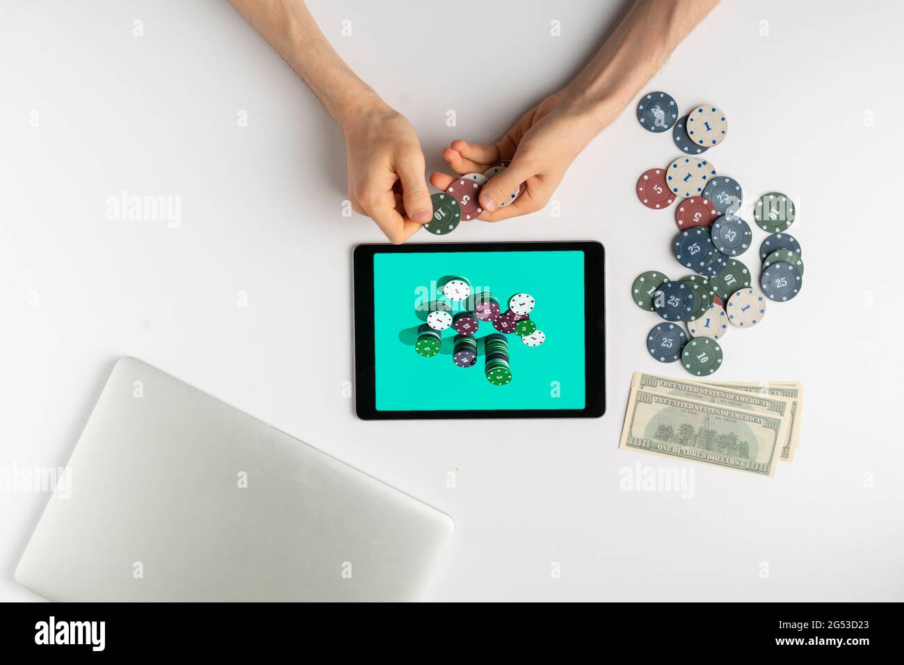 overhead person playing the gamble games online at home and win the ...