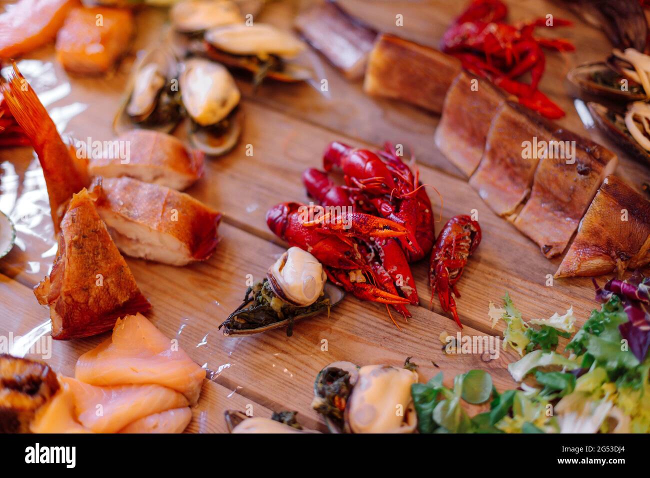 Seafood food culture. Fish restaurant. Fish buffet at hotel. Recreation ...