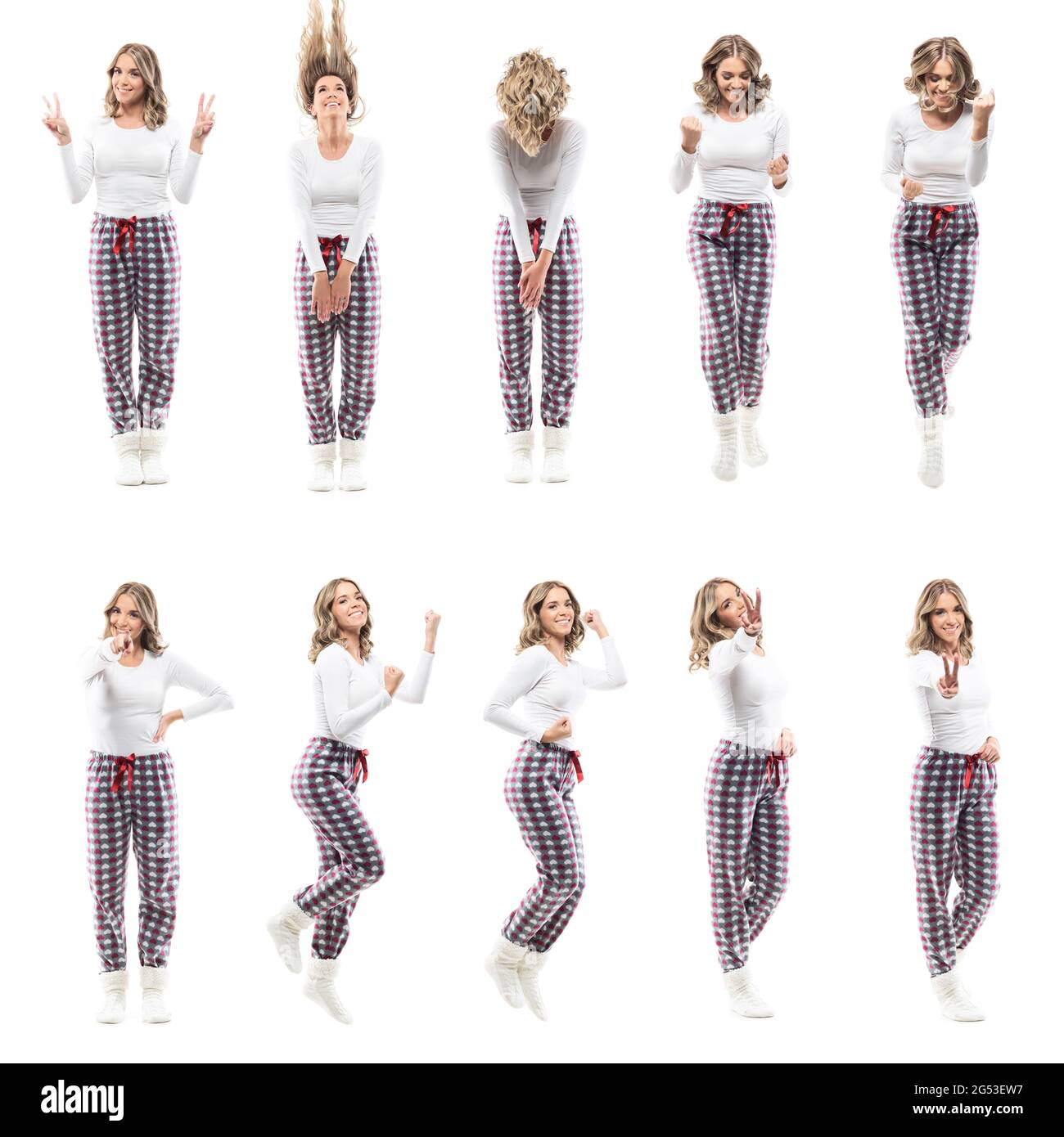 Collage of cute young happy women in pajamas jumping tossing hair ...