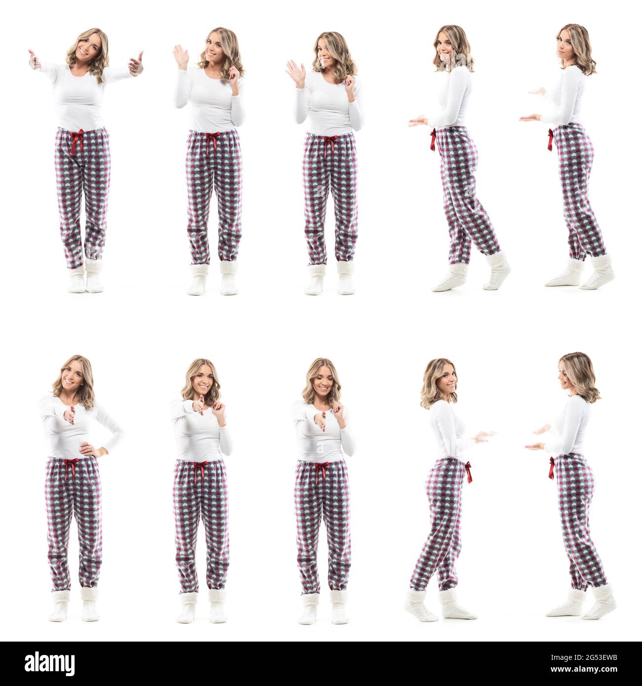 Collection of many happy young pretty woman in pajamas inviting meeting ...