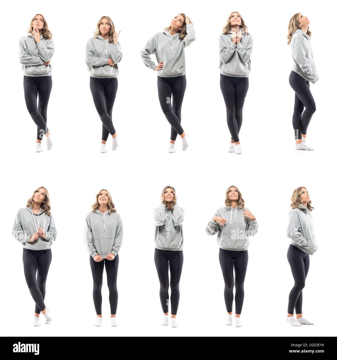 Collection of various young women in hooded sweatshirt and leggings ...