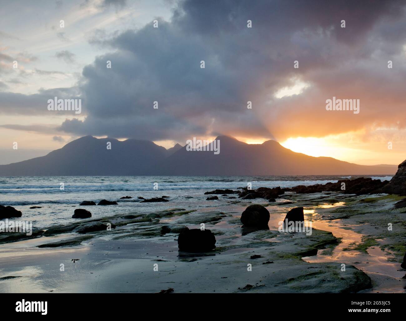 Isle of Rum from Laig bay, Eigg, Inner Hebrides, Scotland Stock Photo ...