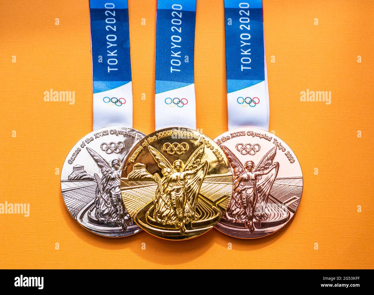 April 25, 2021 Tokyo, Japan. Gold, silver and bronze medals of the ...