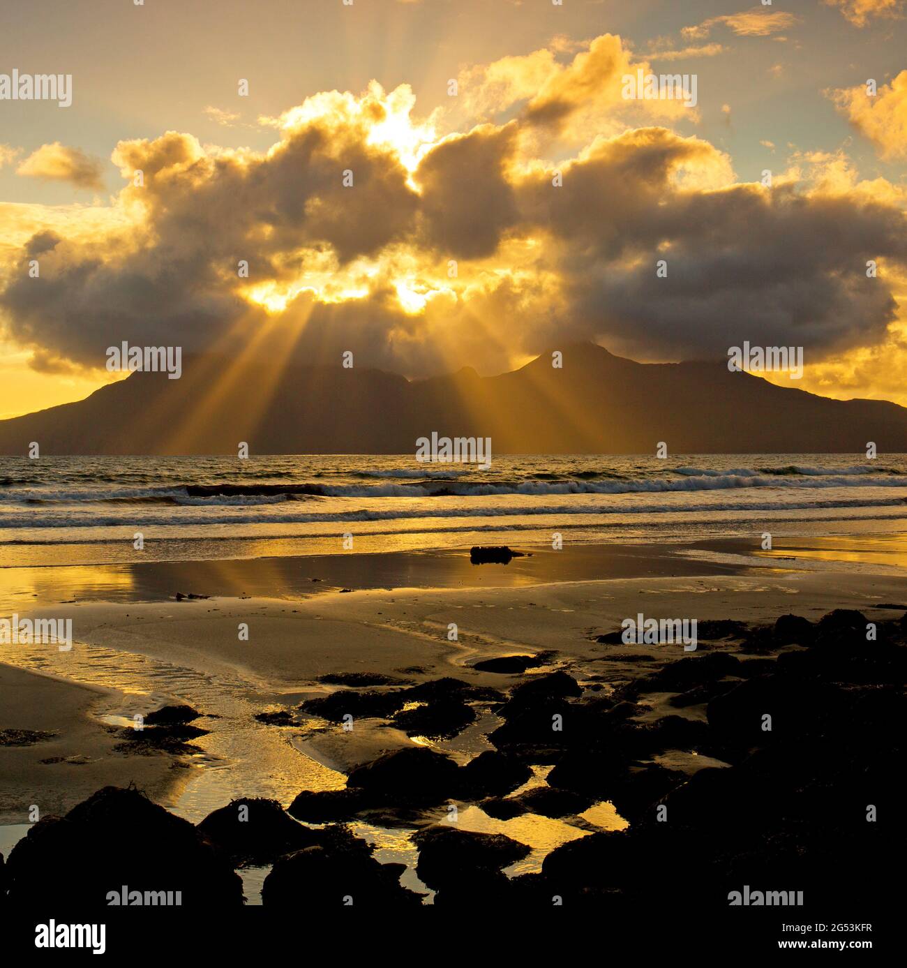 Isle of Rum from Laig bay, Eigg, Inner Hebrides, Scotland Stock Photo ...