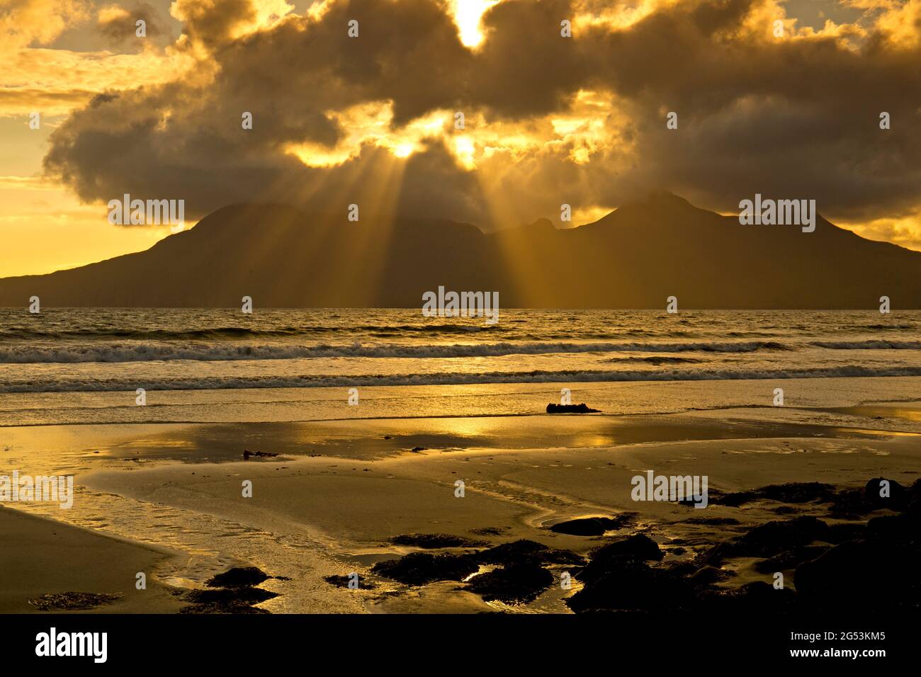 Isle of Rum from Laig bay, Eigg, Inner Hebrides, Scotland Stock Photo ...