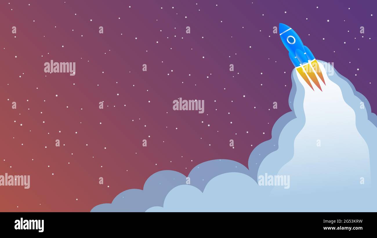 A space rocket with a window flies high to the stars. Behind it is a ...