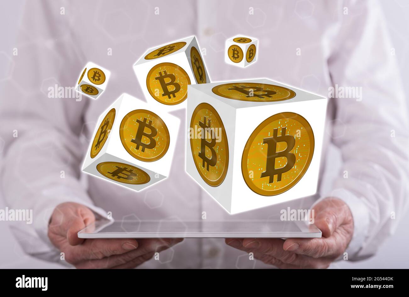 Bitcoin concept above a tablet held by a man in background Stock Photo ...