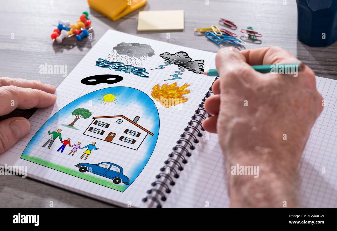 Hand drawing protection against damage concept on a notepad Stock Photo ...
