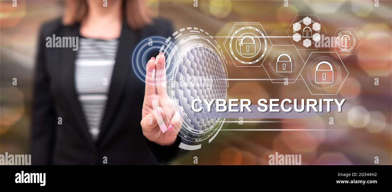 Woman touching a cyber security concept on a touch screen with her ...