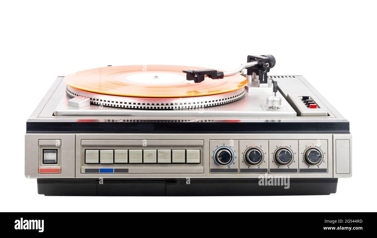 Vintage turntable record player with red vinyl isolated on white ...