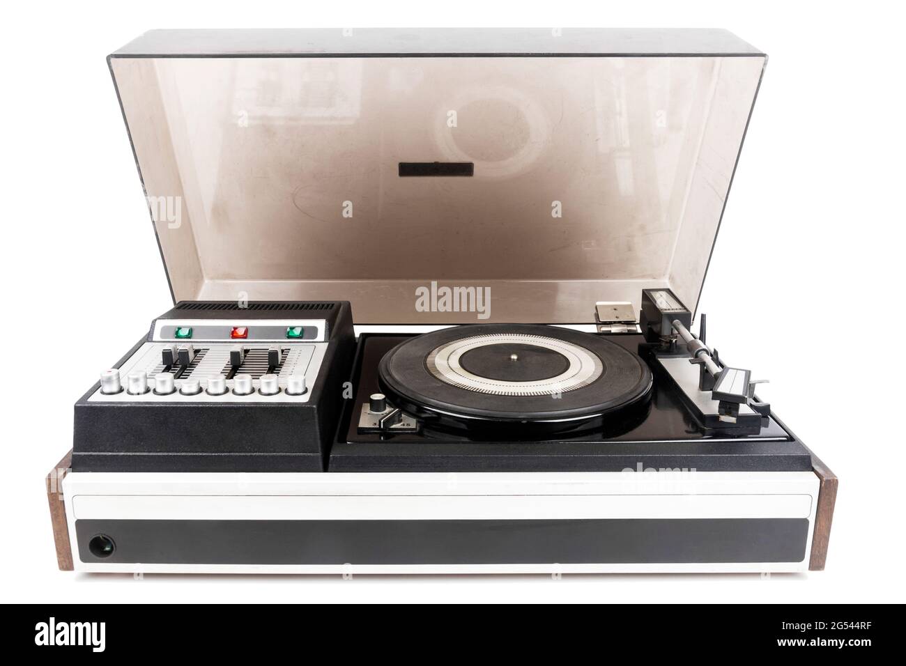 Vintage turntable vinyl record player with dust cover isolated on white ...