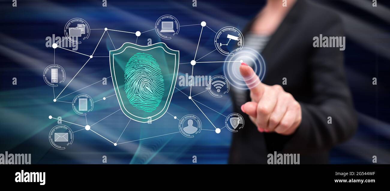 Woman touching a data security concept on a touch screen with her ...