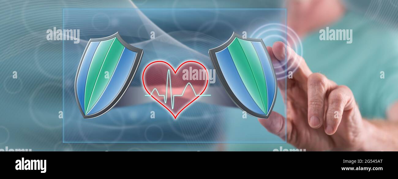 Man touching a health insurance concept on a touch screen with his ...