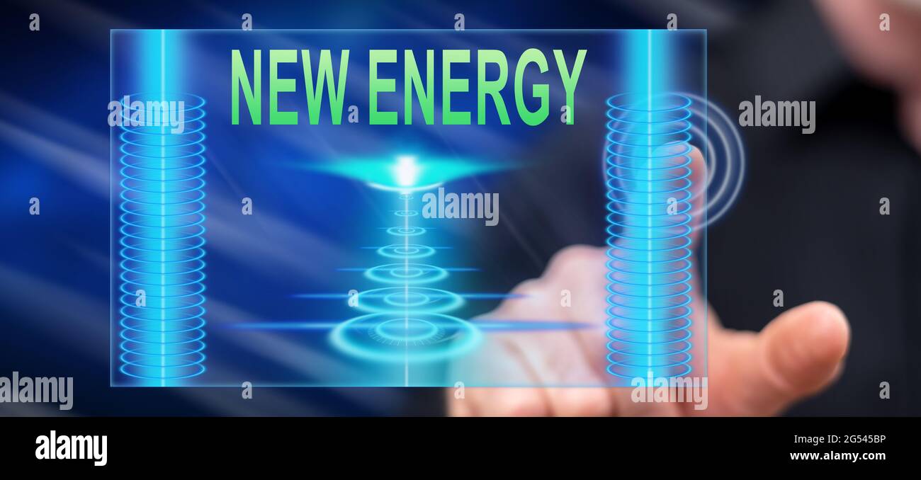 Man touching a new energy concept on a touch screen with his finger ...