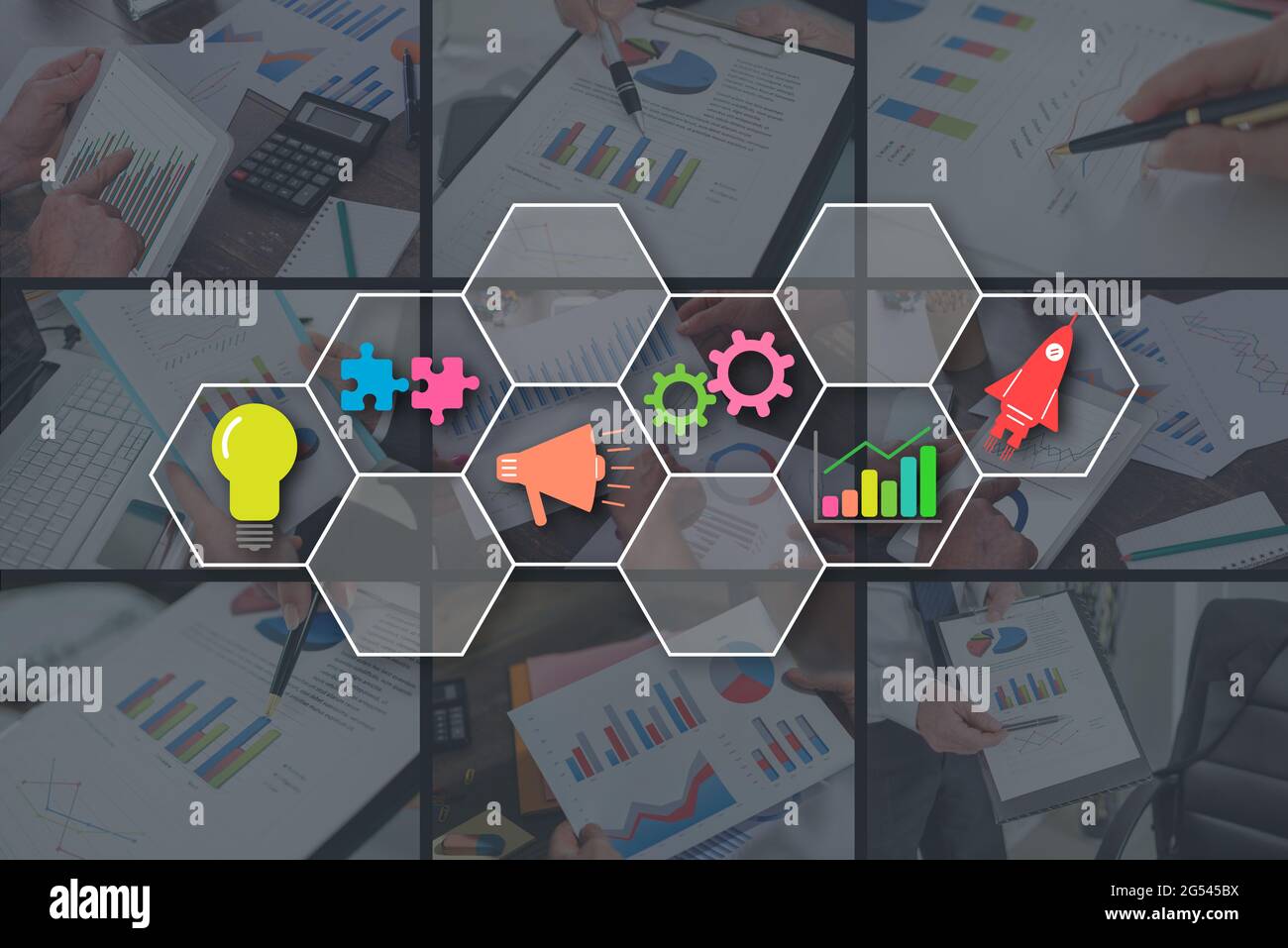 Business strategy concept illustrated by pictures on background Stock ...