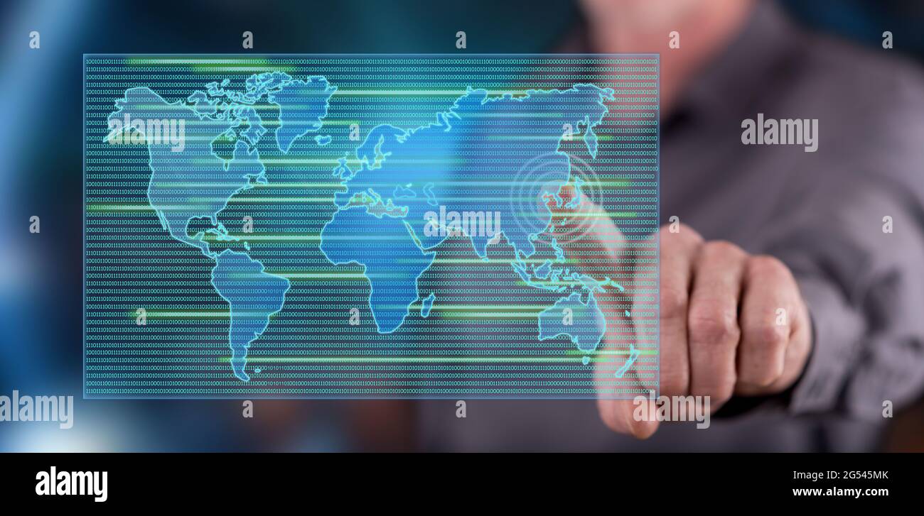 Man touching a data transfer concept on a touch screen with his finger ...