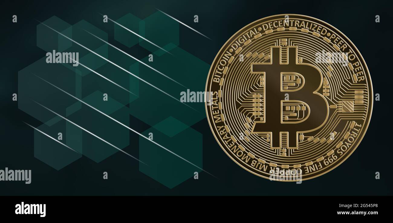 Bitcoin coin on dark green background Stock Photo - Alamy
