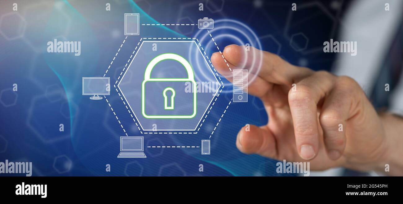 Man touching a devices security concept on a touch screen with his ...