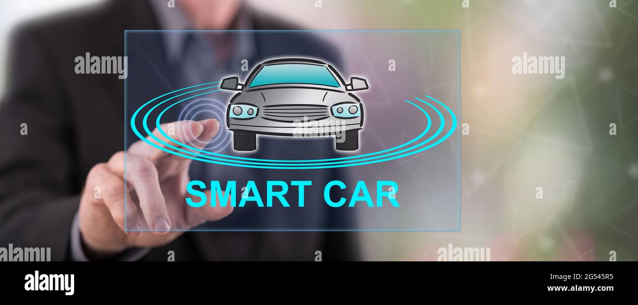 Man touching a smart car concept on a touch screen with his finger ...