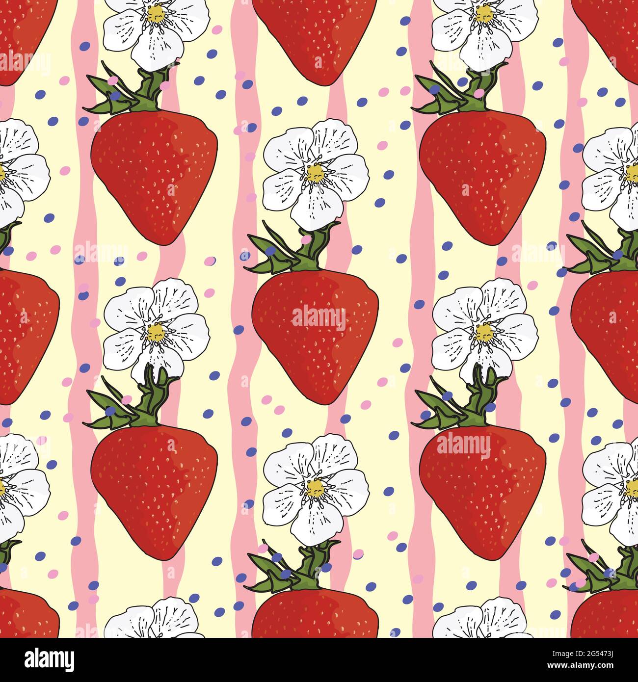 Vector pastel yellow background garden strawberries, berry flowers ...