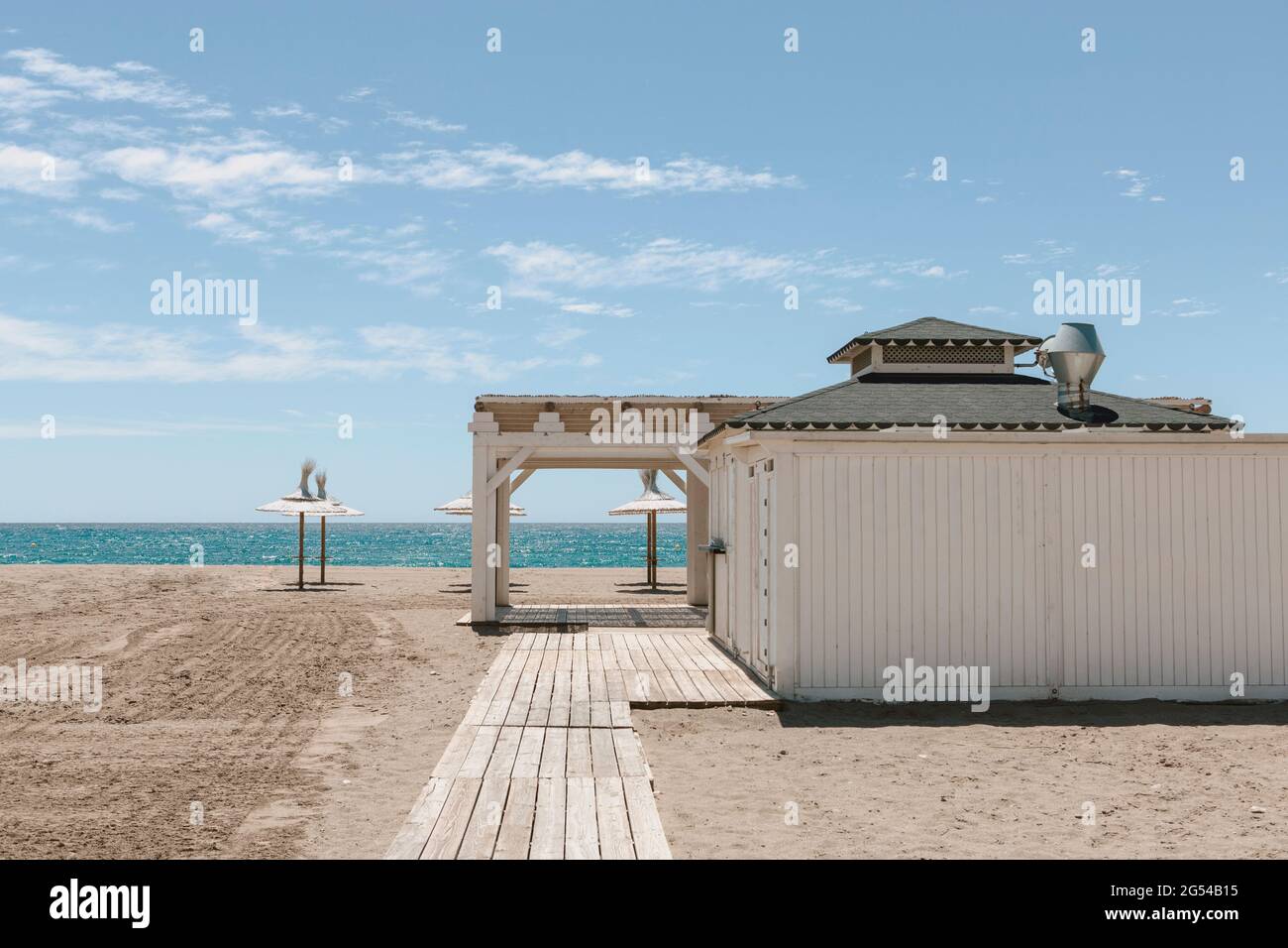 Bar-restaurant on the sandy beach closed in low season, without people ...