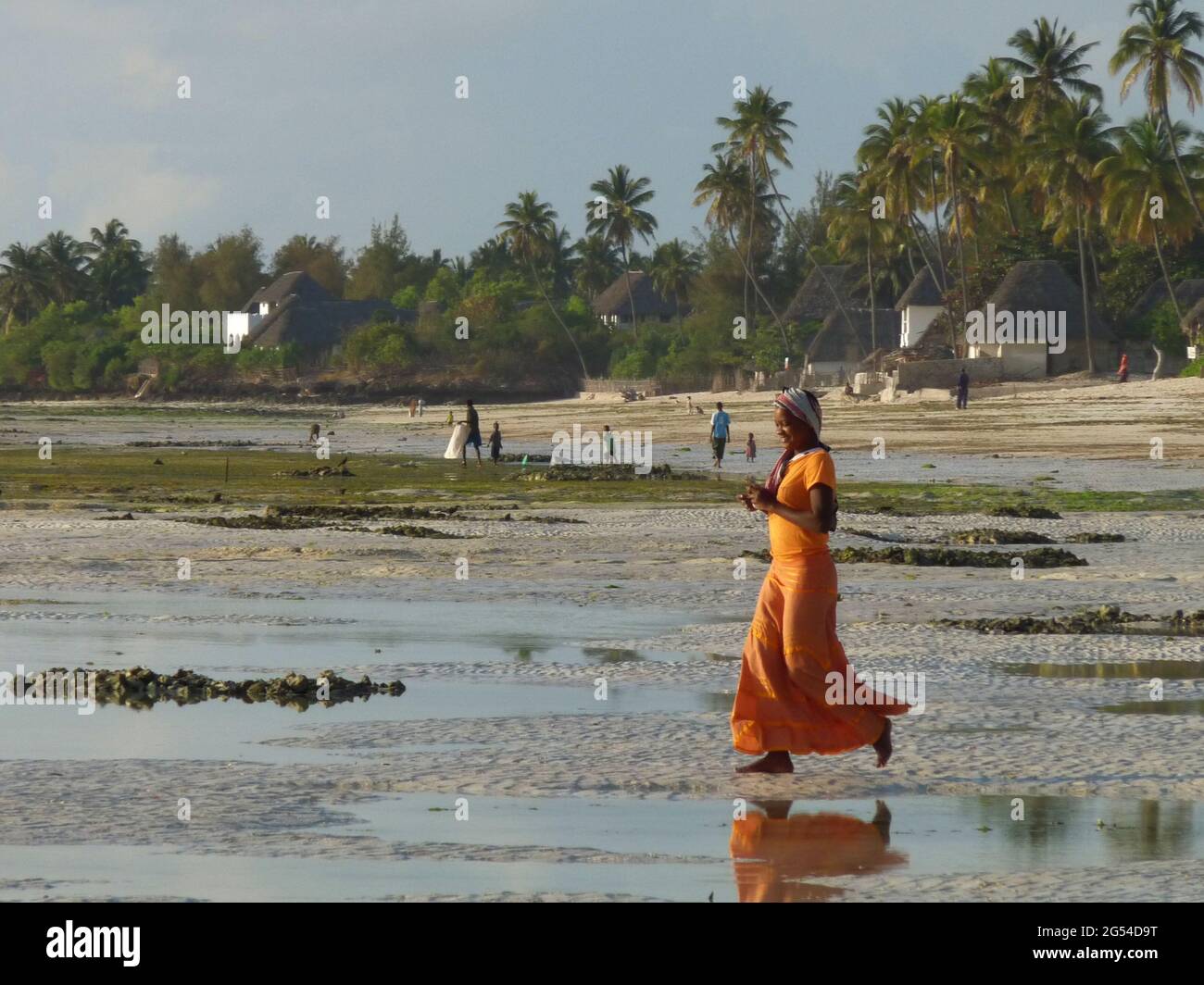 Girl in orange dress on beach collecting seaweed, copy space, Zanzibar ...