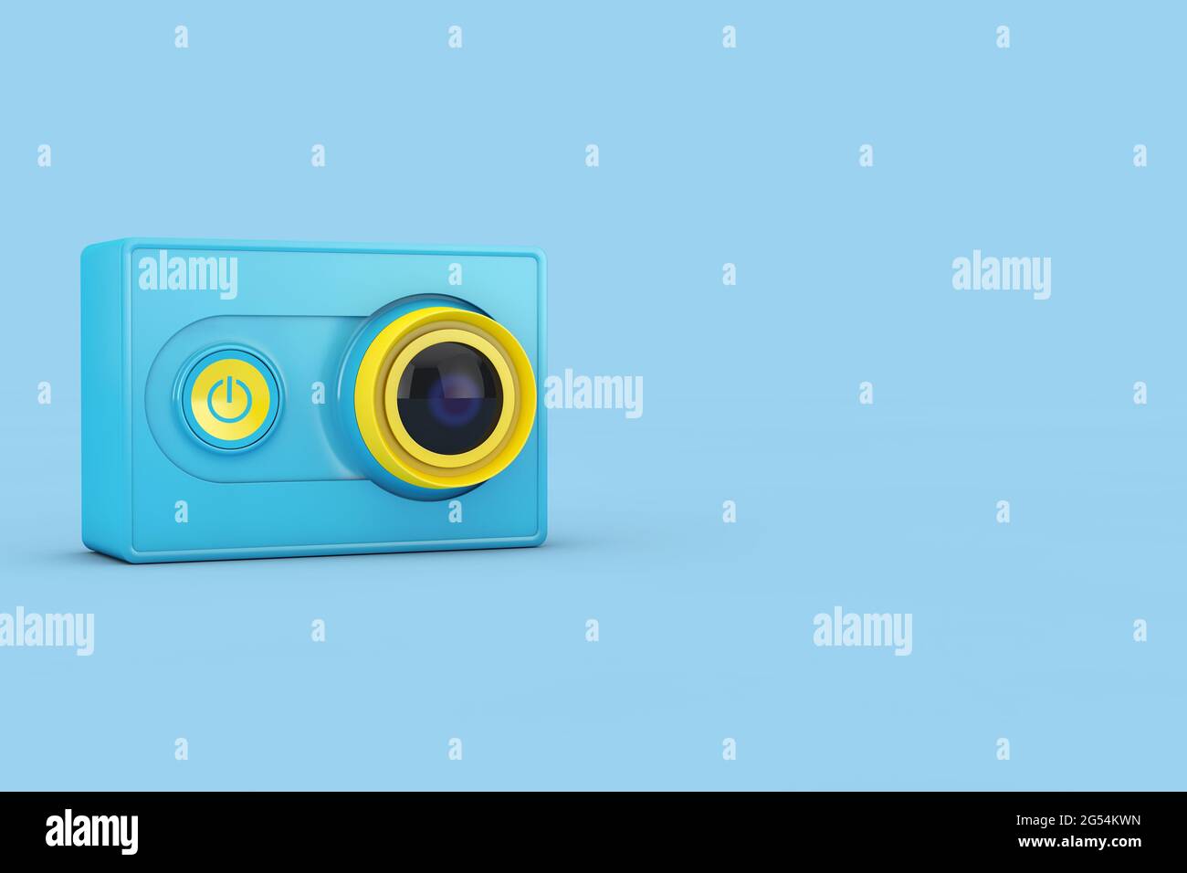 Small Ultra HD Blue and Yellow Action Camera on a blue background. 3d ...