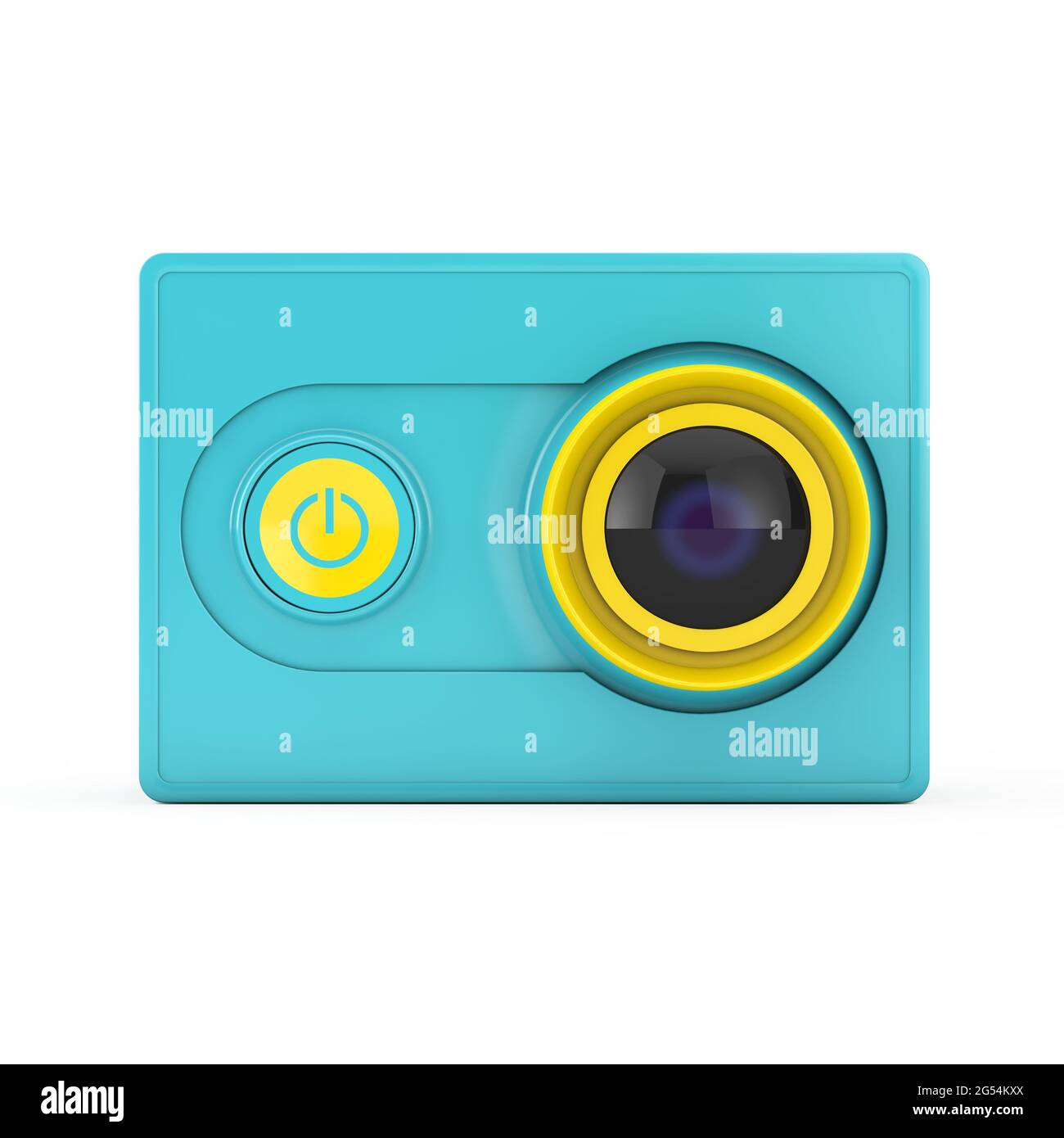 Small Ultra HD Blue and Yellow Action Camera on a white background. 3d ...