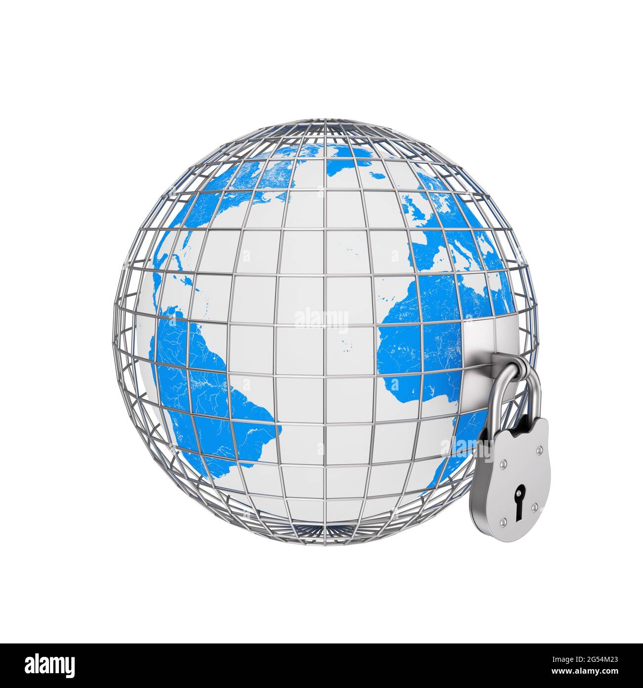Earth Globe in Metal Cage with Big Old Padlock on a white background ...