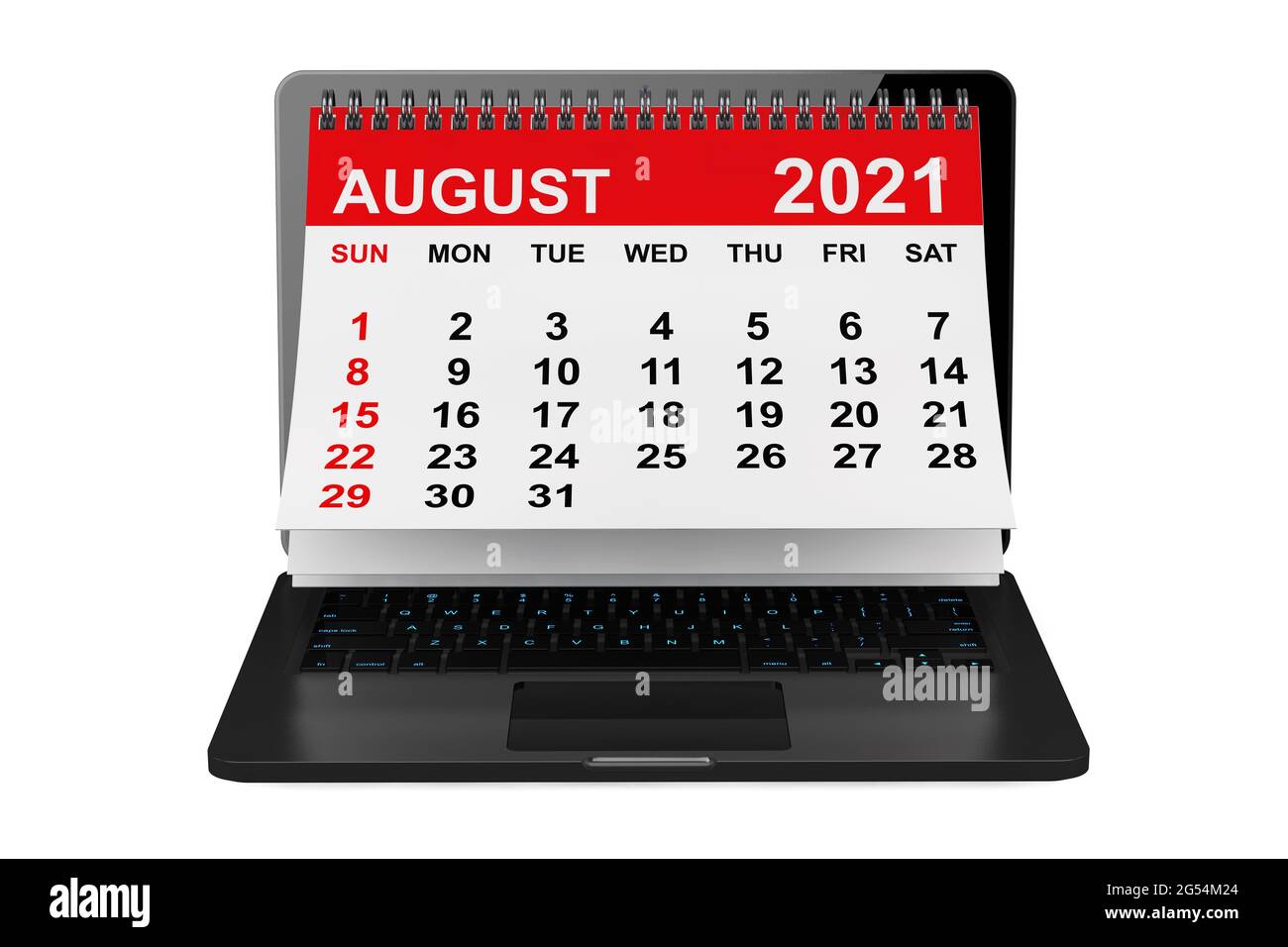 2021 year calendar. August calendar over laptop screen on a white ...