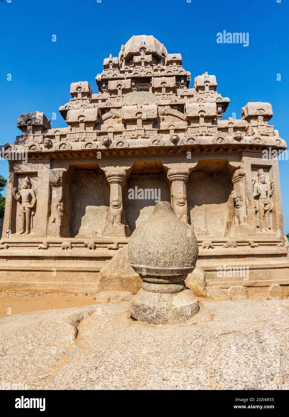 Exterior of the Dharmaraja Ratha, one of the Pancha Rathas (Five Rathas) of Mamallapuram, an ...