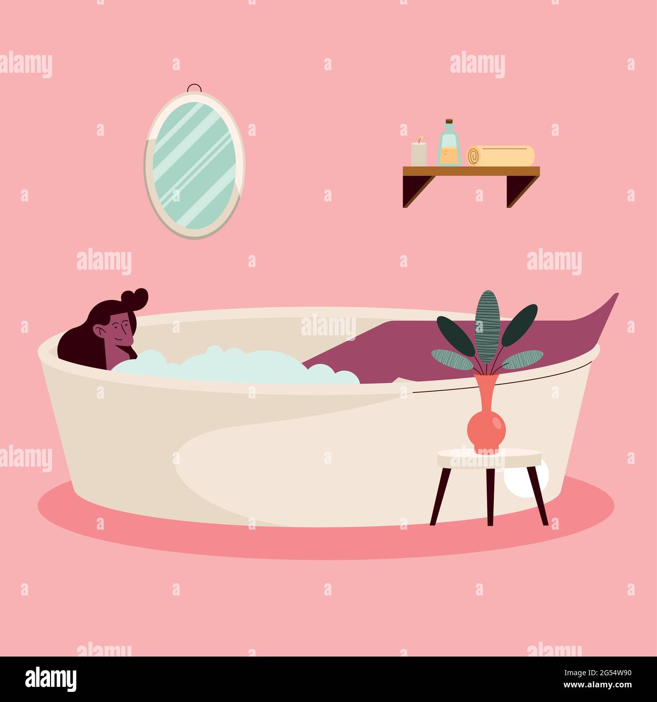 Woman cartoon in bath with plant and mirror at spa Stock Vector Image ...