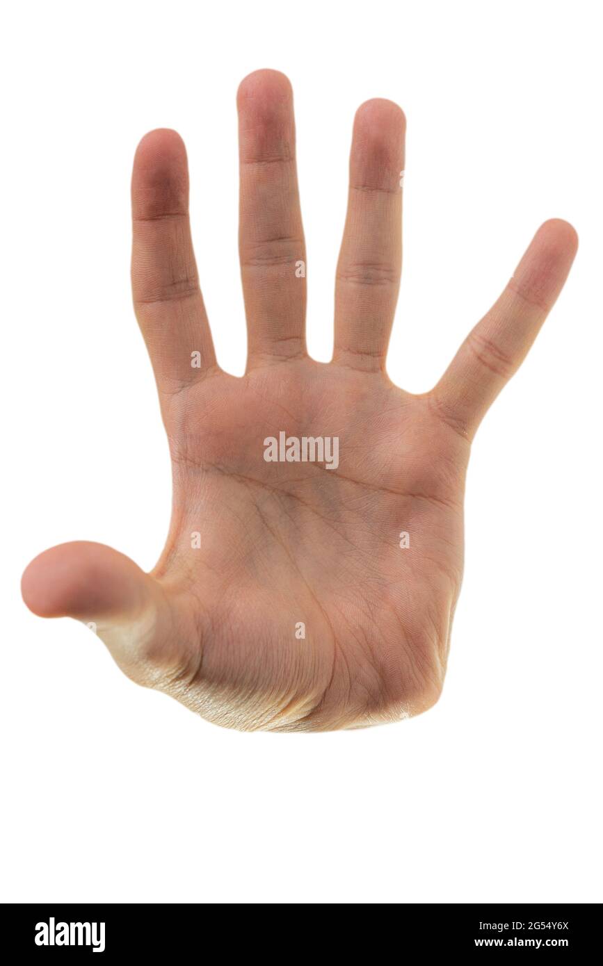 a close up clean men hand skin texture isolated on white, palm shape ...