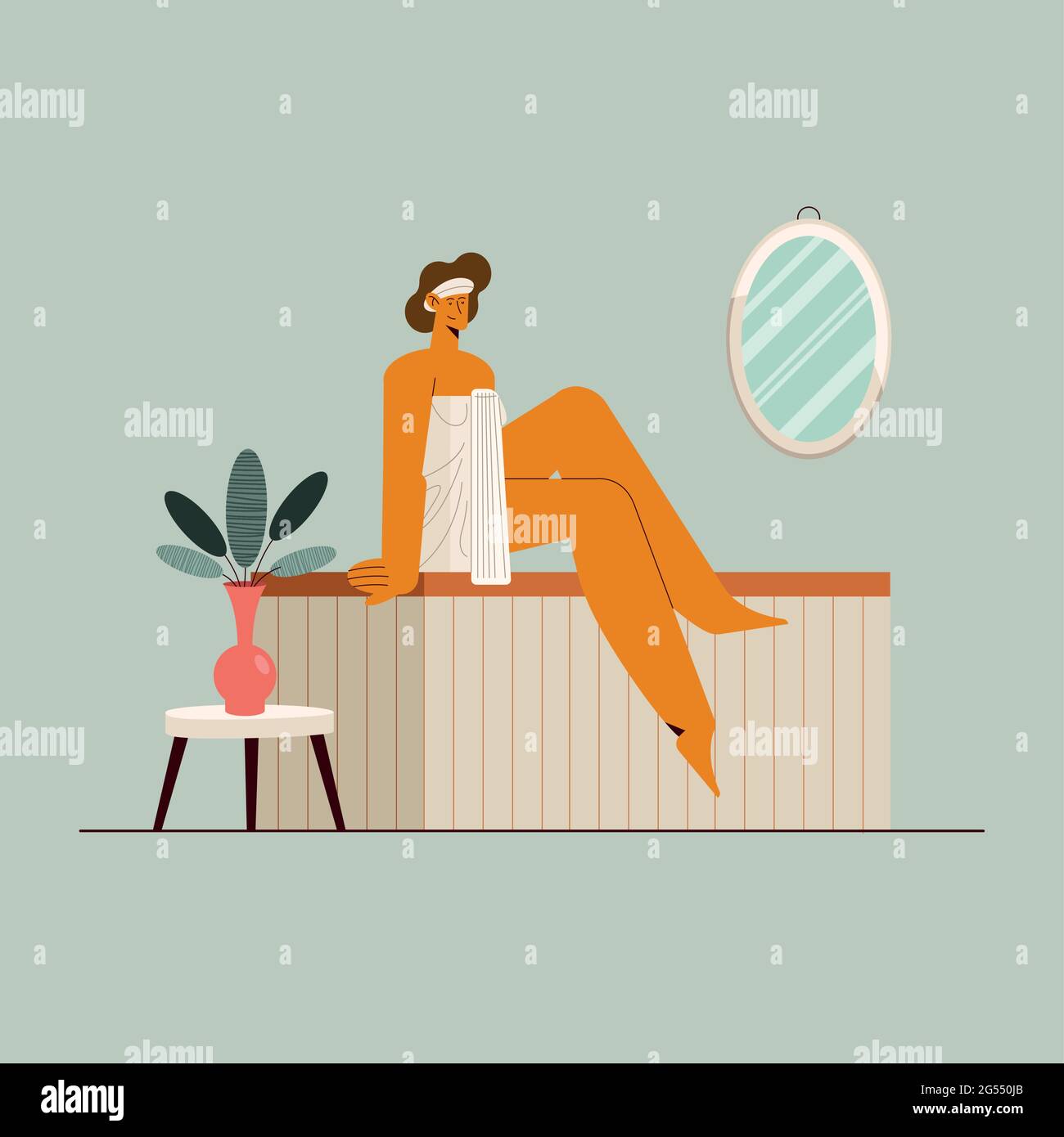 Woman cartoon with towel on jacuzzi with mirror and plant at spa Stock ...