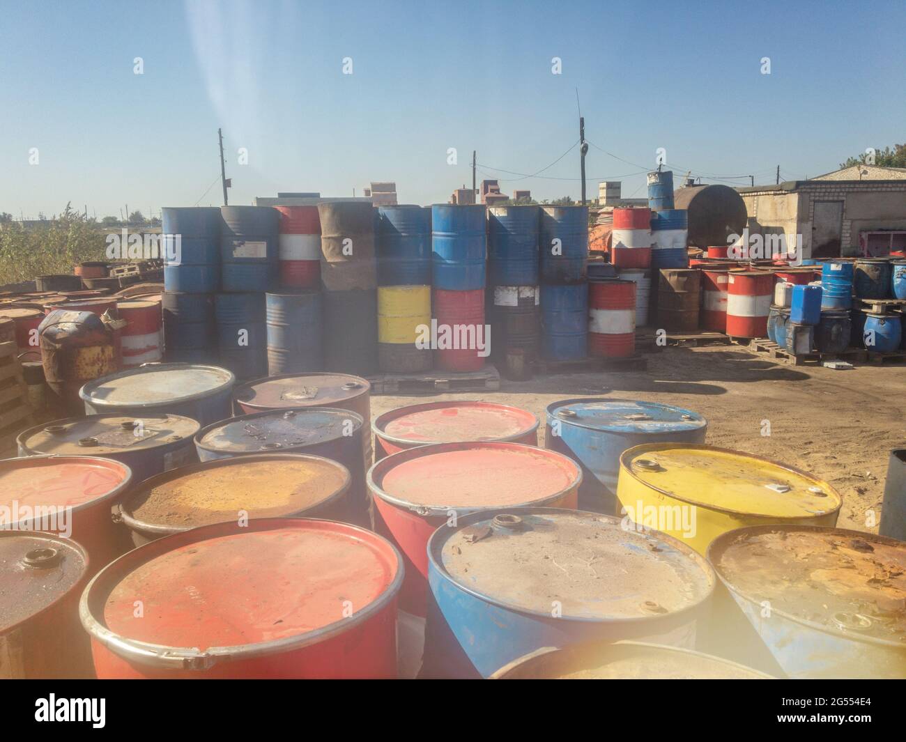 storage of waste fuel or oil barrel drums of different color for ...
